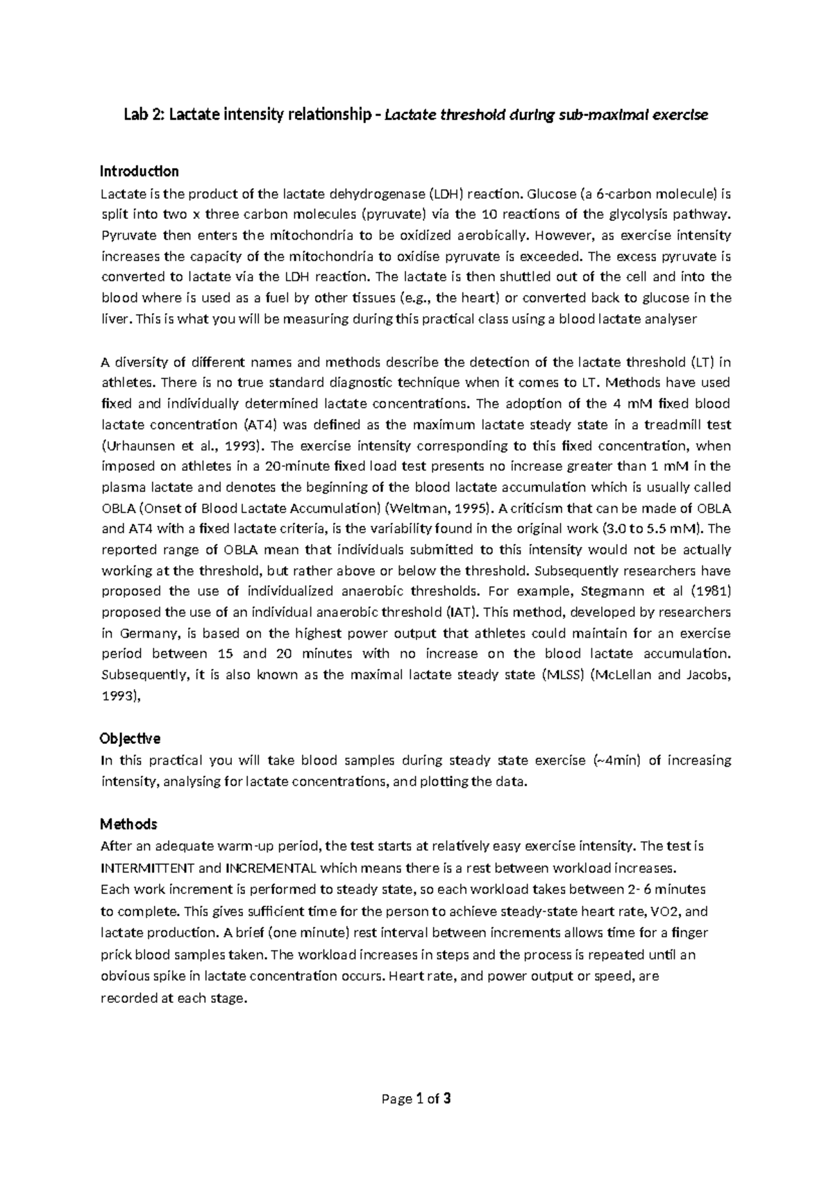 Lab 2: Analyzing Lactate Threshold During Exercise - Studocu