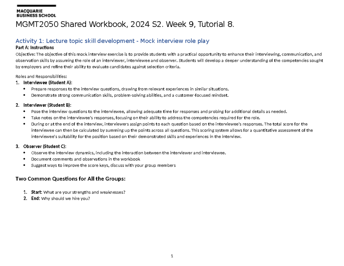 MGMT2050 2024 S2 Week 9 Mock Interview Role Play Instructions - Studocu
