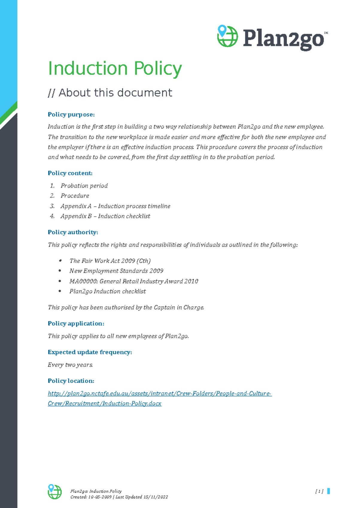 Induction Policy for CERT III in Business Admin: Plan2Go Details - Studocu