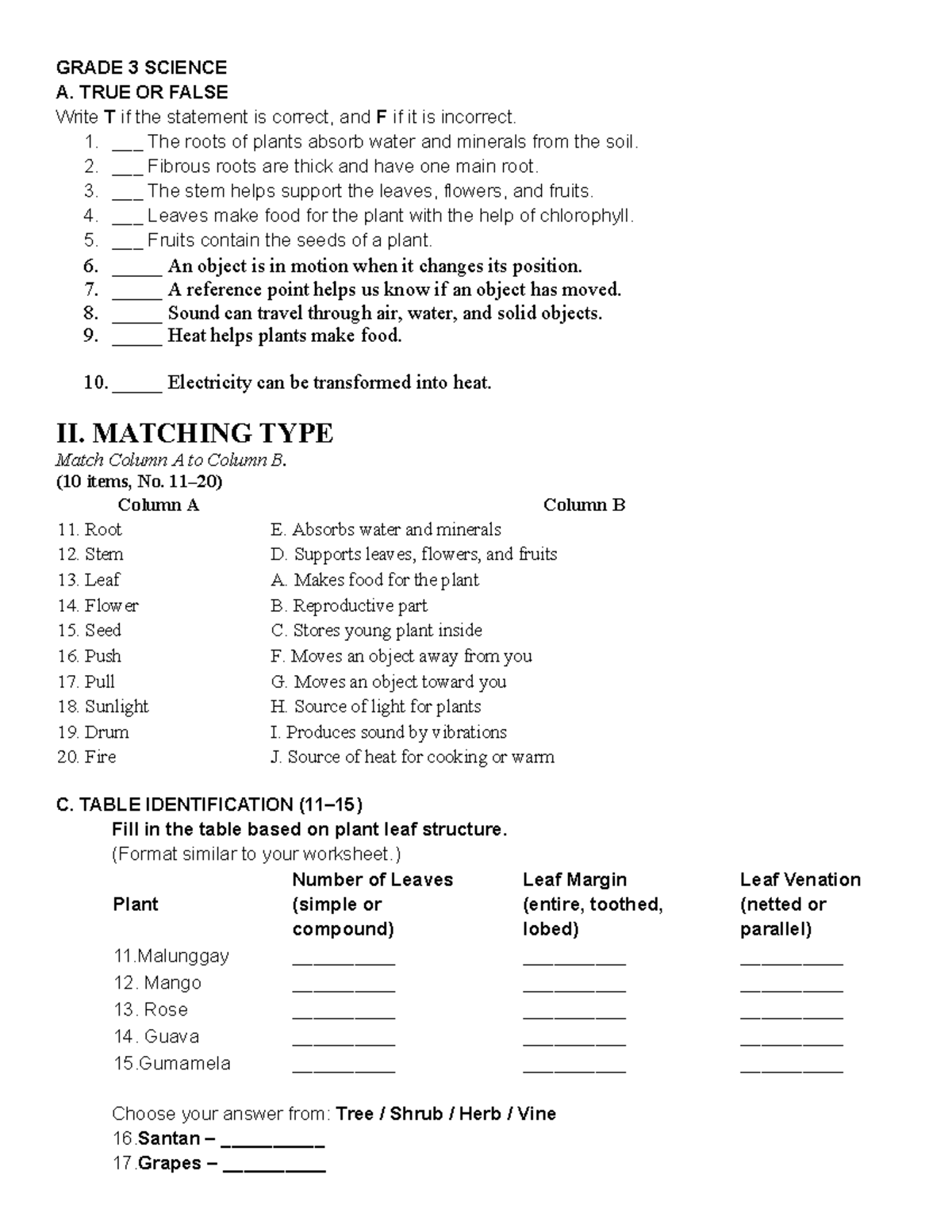 GRADE 3 SCIENCE - TRUE OR FALSE & MATCHING EXERCISES - Studocu