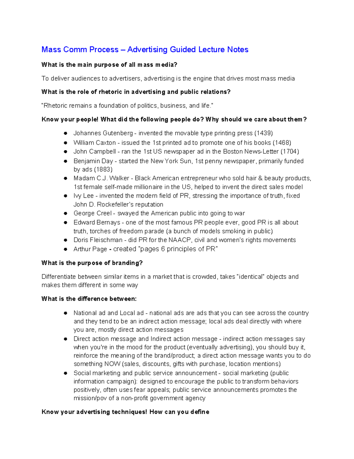 Mass Comm 101 - Guided Lecture Notes on Advertising Processes - Studocu