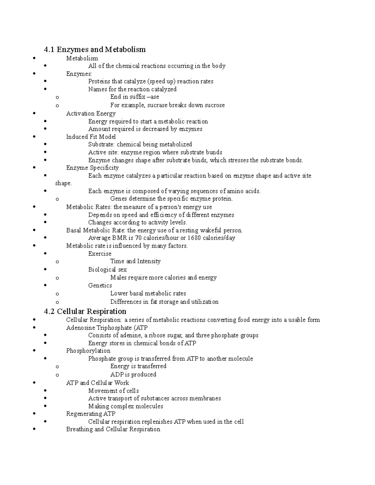 BIOL 111 Chapter 4 Notes - 4 Enzymes and Metabolism Metabolism All of ...