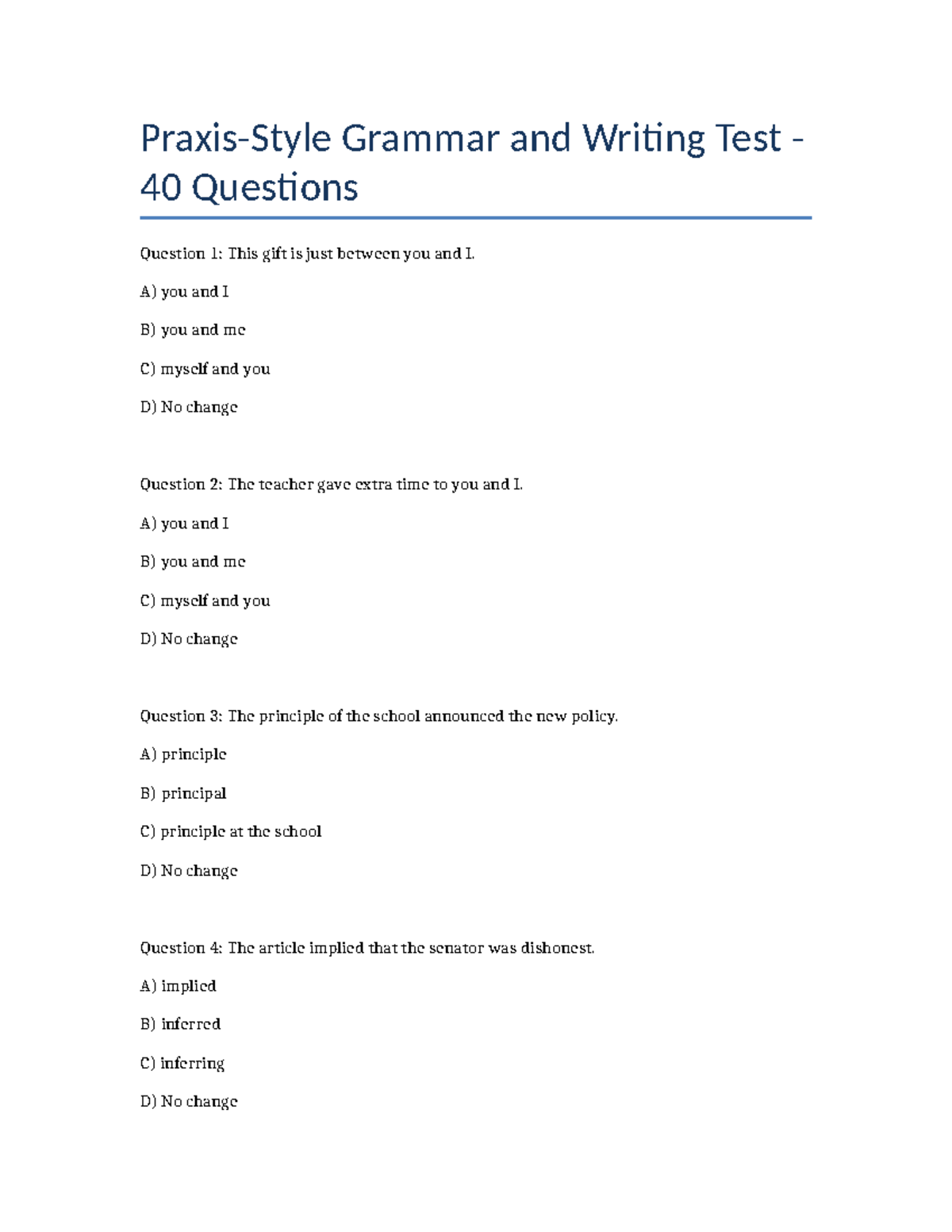 Grammar and Writing Test: Practice MC Questions (40 Items) - Studocu