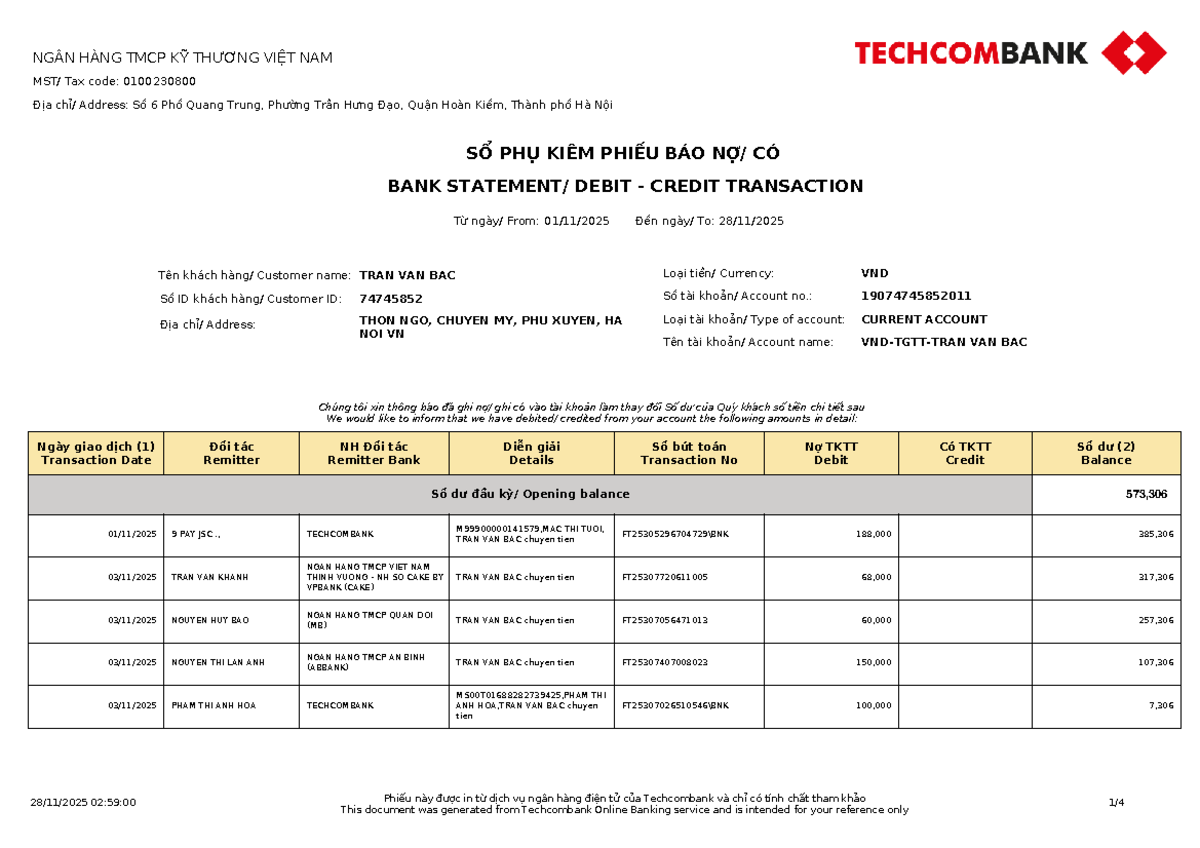 Sao Kê Tài Khoản 01112025 - 28112025 (Techcombank) - Studocu