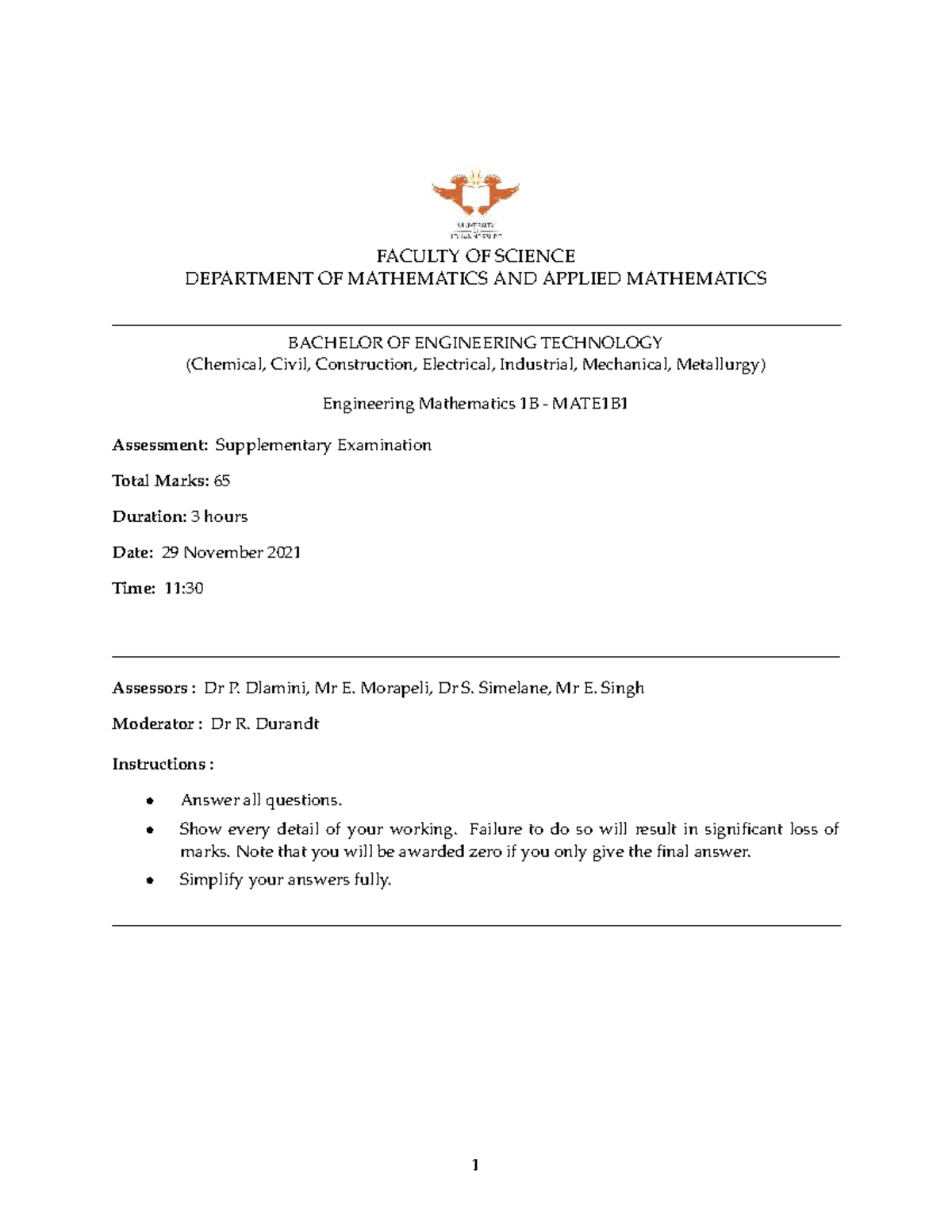 MATE1B1 Supplementary Exam - Engineering Mathematics 1B Questions - Studocu