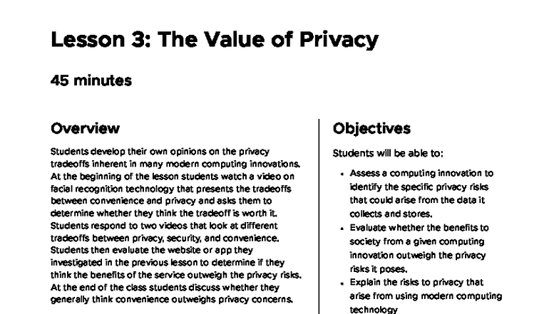 CSP Unit 8 Lesson 3: Exploring Privacy Tradeoffs in Tech - Studocu