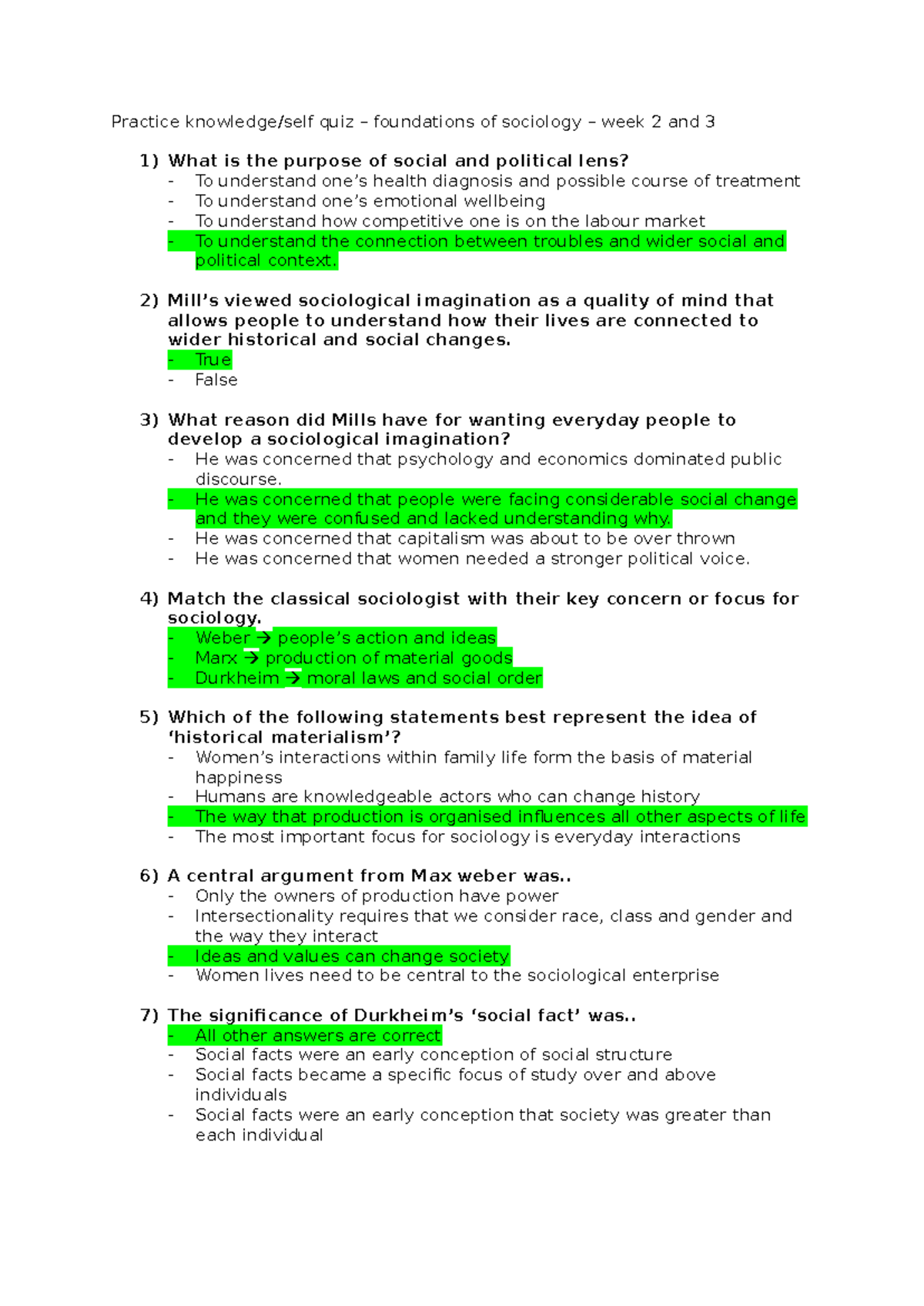 Foundations of Sociology Quiz (Weeks 2 & 3) - Studocu