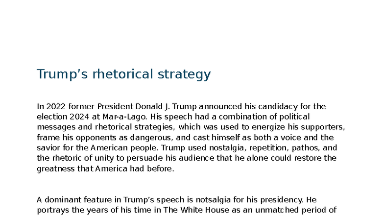 Trump's Rhetorical Strategies in 2024 Campaign Speech - Studocu