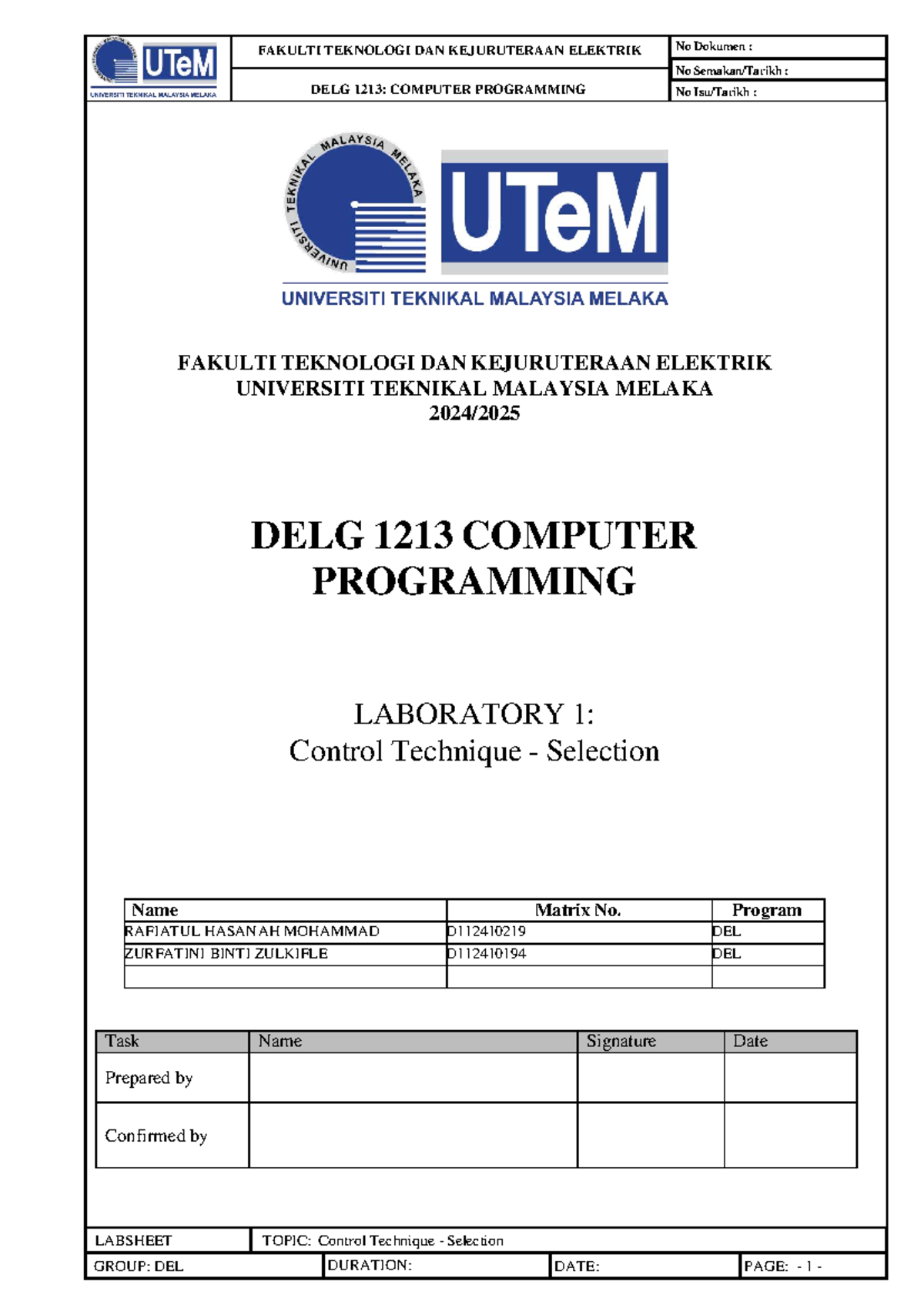 DELG 1213: Lab 1 - Control Technique Selection in Computer Programming - Studocu
