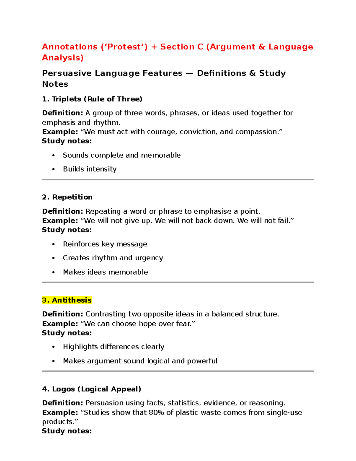 Persuasive Language Features & Tone Vocabulary Study Notes (ENG101 ...