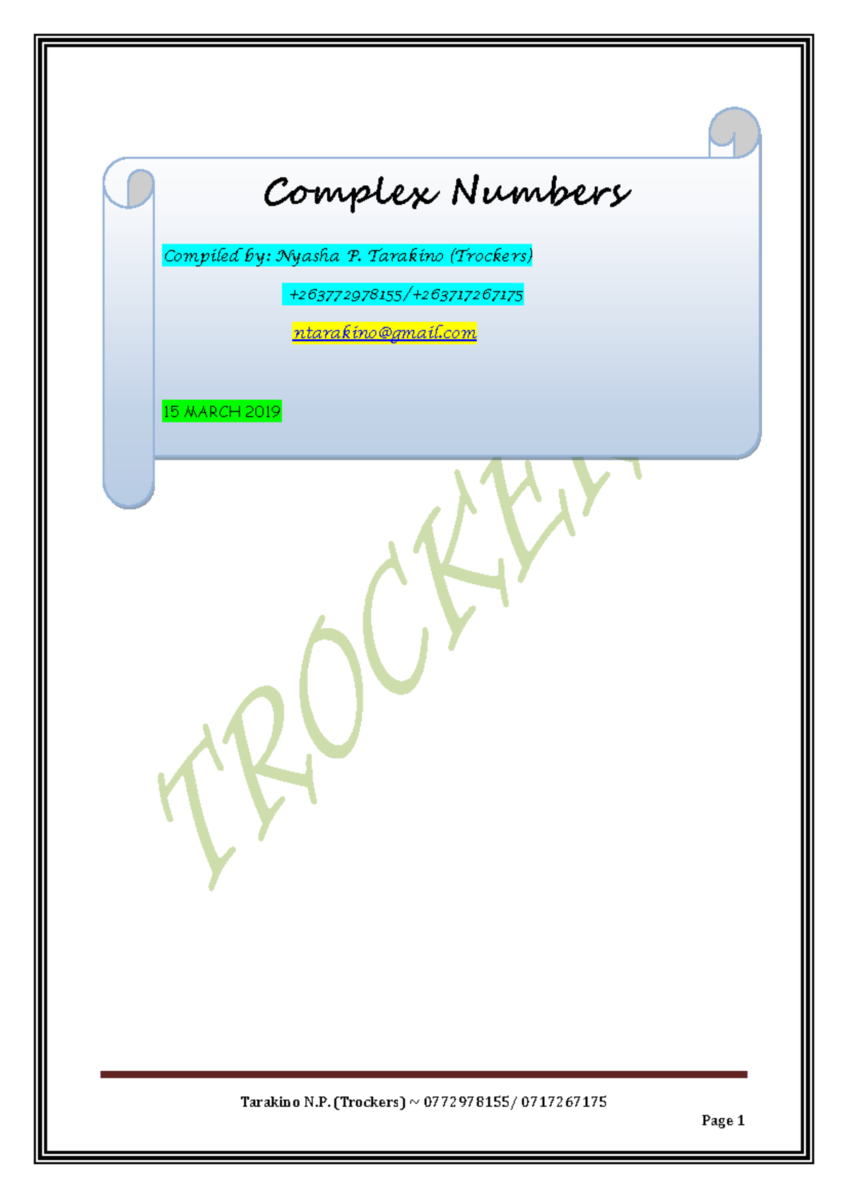 Complex Numbers Lecture Notes for Course 6042 by Trockers - Studocu