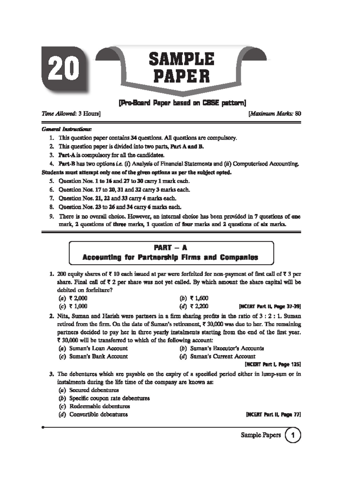 20 Sample Papers for CBSE Class 12 Accounting - Time Allowed: 3 Hours ...