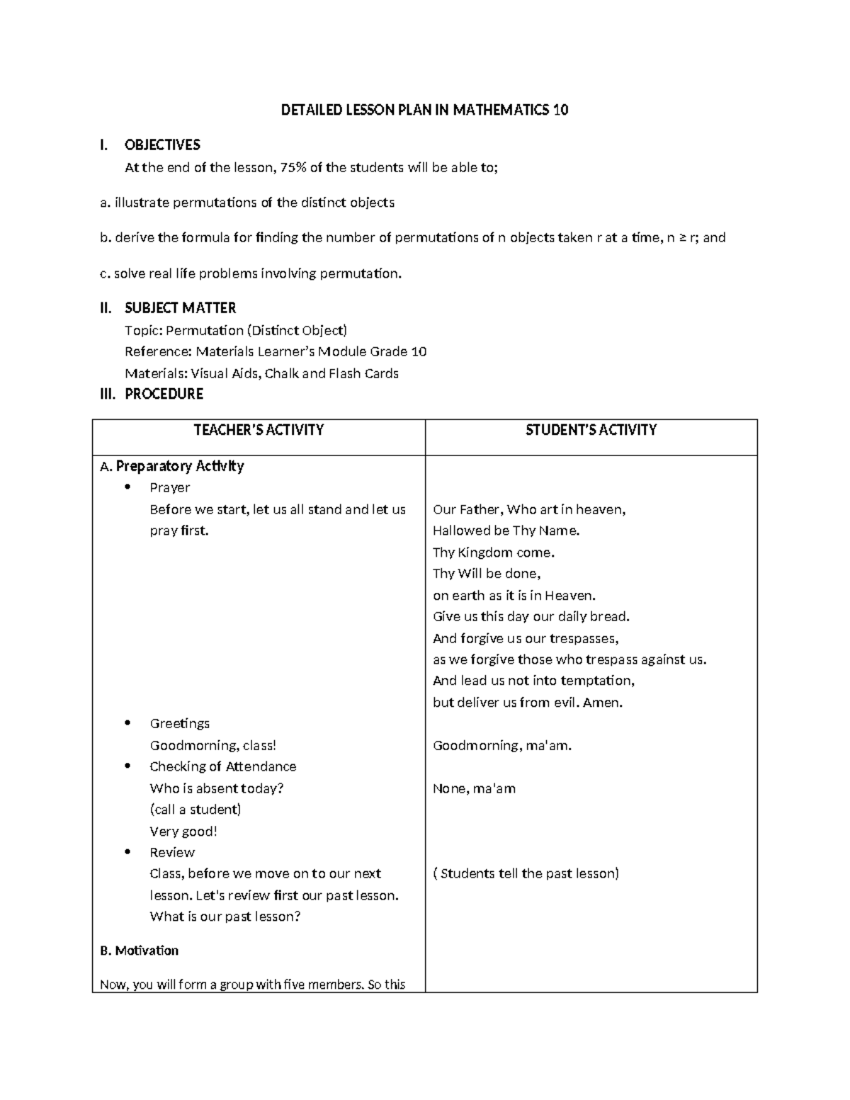 MAT 10: Detailed Lesson Plan on Permutations of Distinct Objects - Studocu