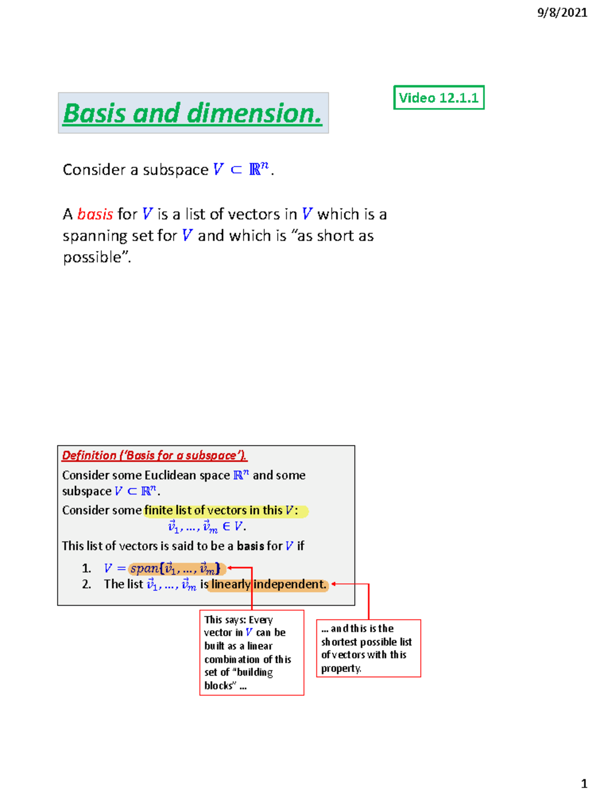 Basis and Dimension in ℝⁿ: Video 12.1.1 Overview - Studocu