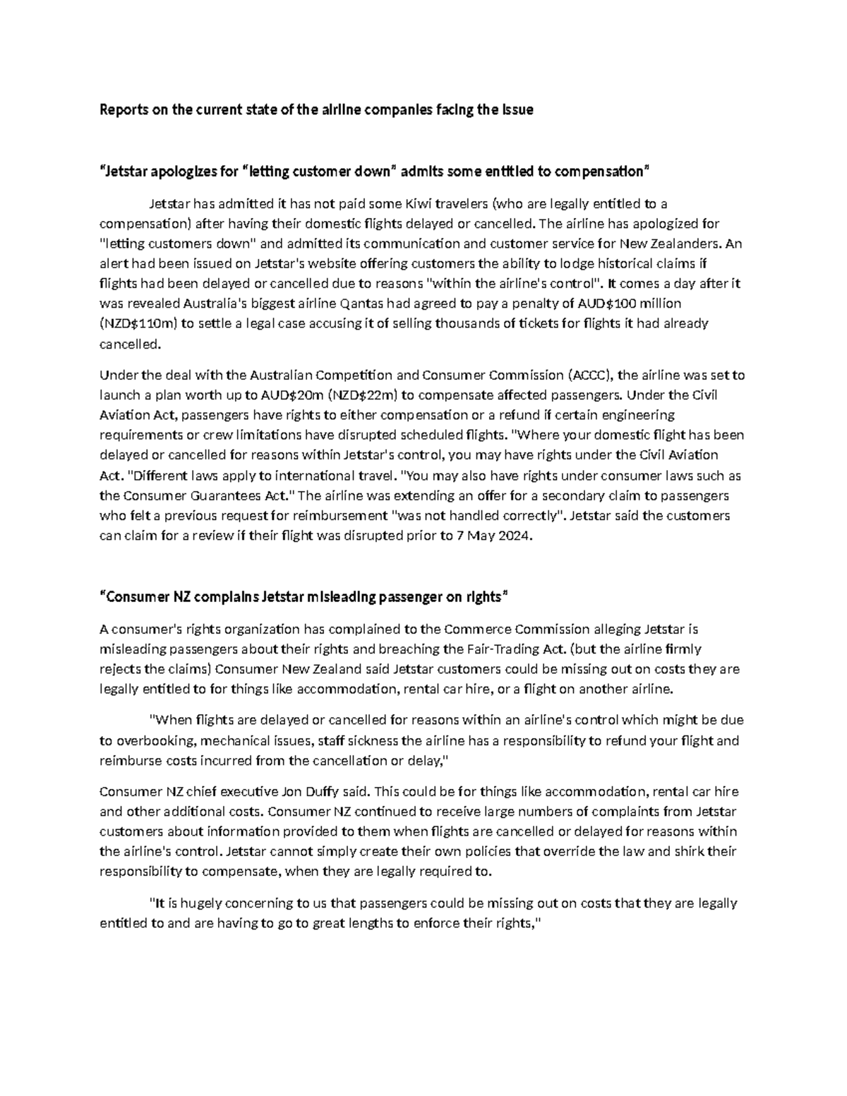 Current Issues in Airline Compensations: Focus on Jetstar & Qantas ...