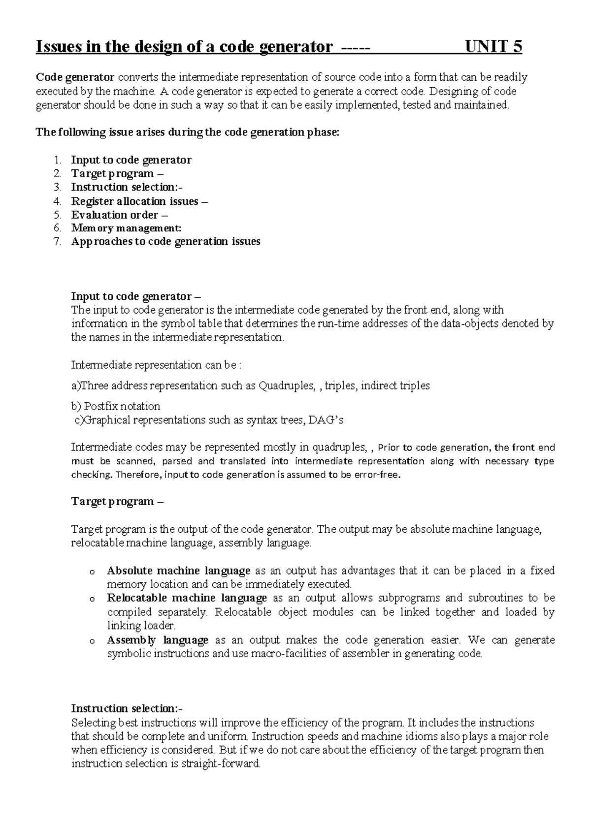 CD UNIT5 - Issues in Code Generation for Compiler Design - Studocu