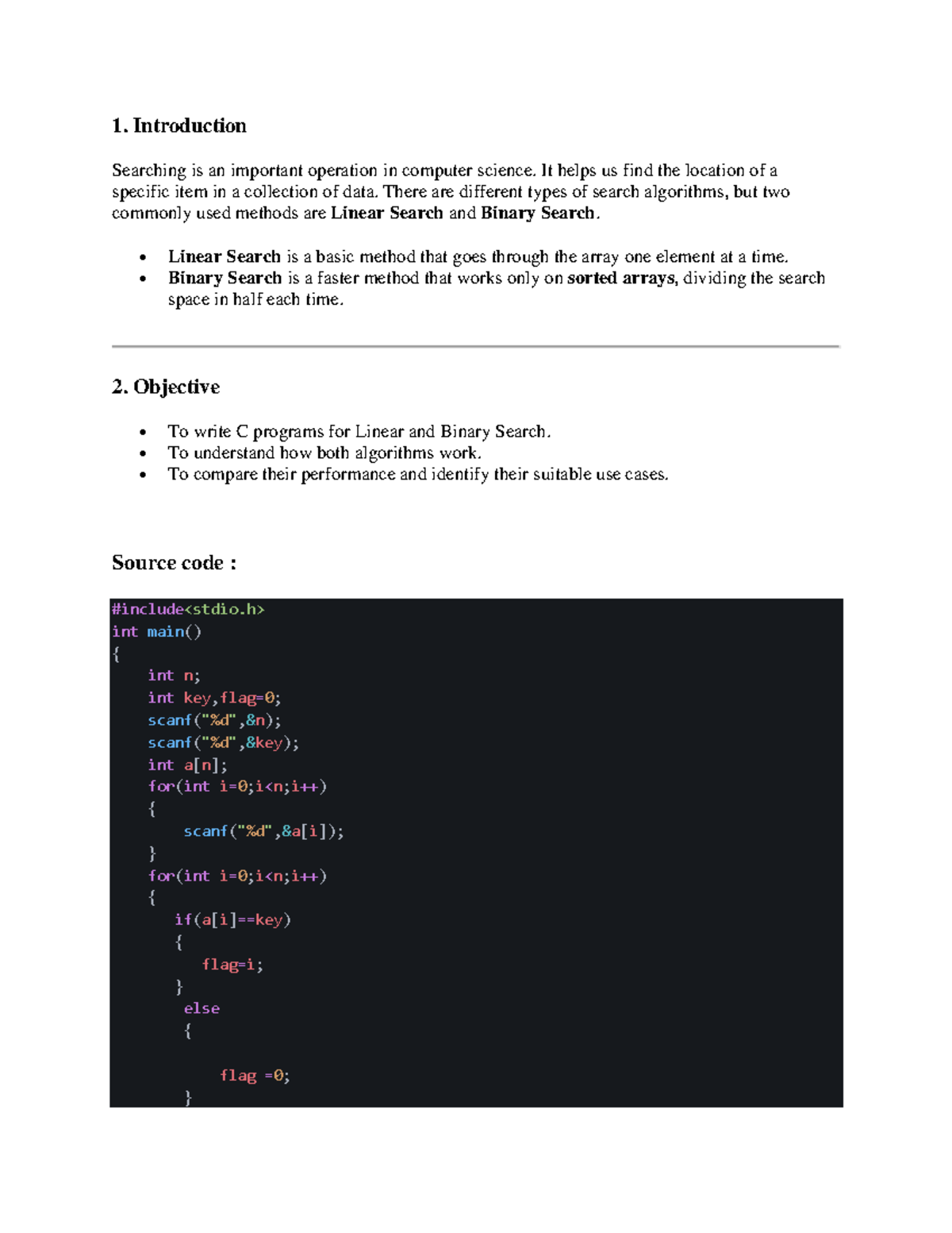 Lab Report 02: C Programs for Linear & Binary Search Algorithms - Studocu