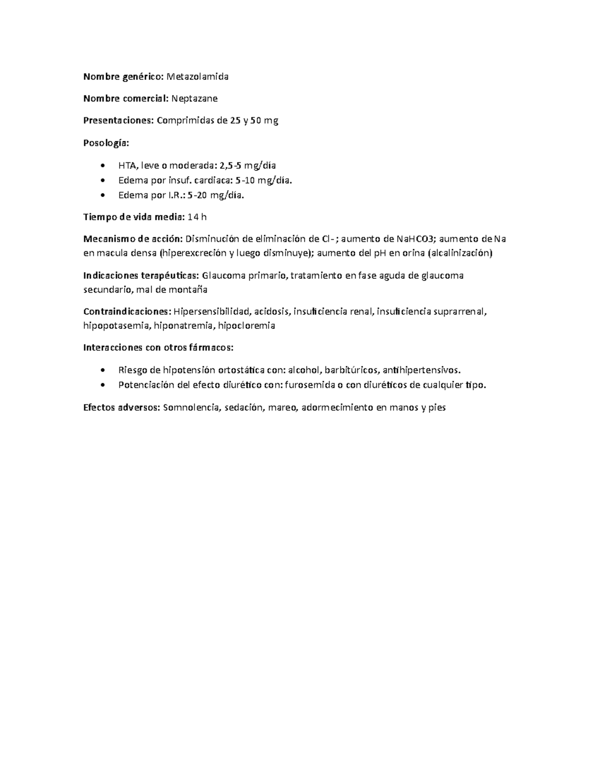 Metazolamida: Propiedades, Usos y Efectos Adversos en Terapia - Studocu