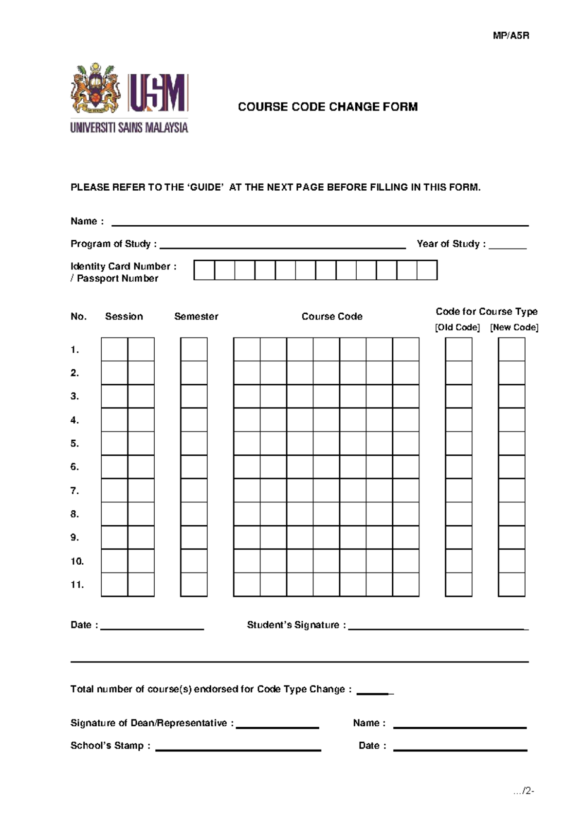 Course Code Change Form - MP/A5R COURSE CODE CHANGE FORM PLEASE REFER ...