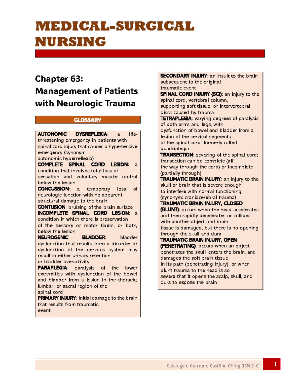 NURSING Chapter 63: Management of Neurologic Trauma - Key Terms ...
