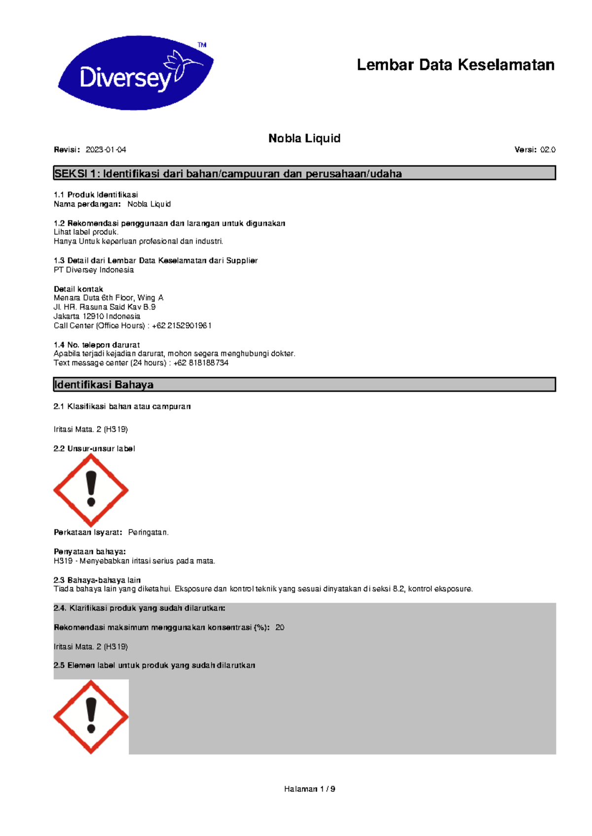 Lembar Data Keselamatan (MSDS) Nobla Liquid - Versi 02 - Studocu