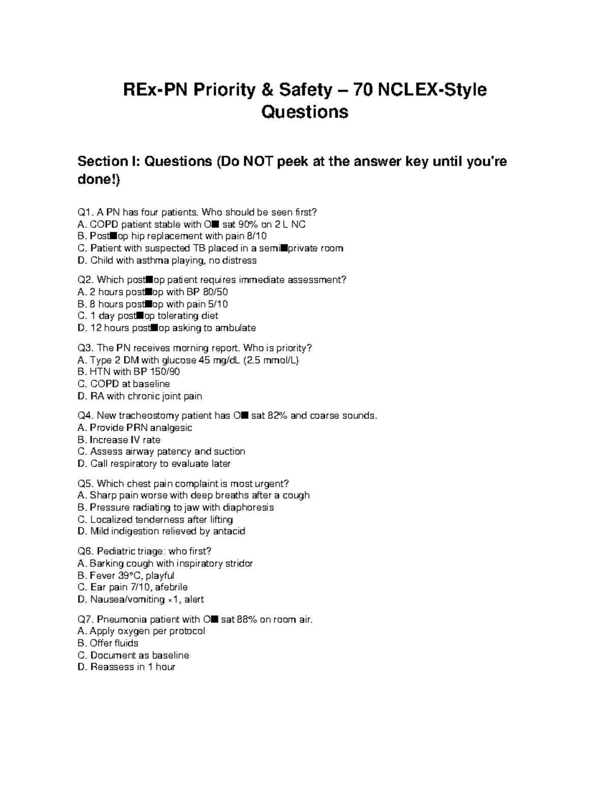 REx PN Priority Safety 70 Questions with Answer Key - Studocu