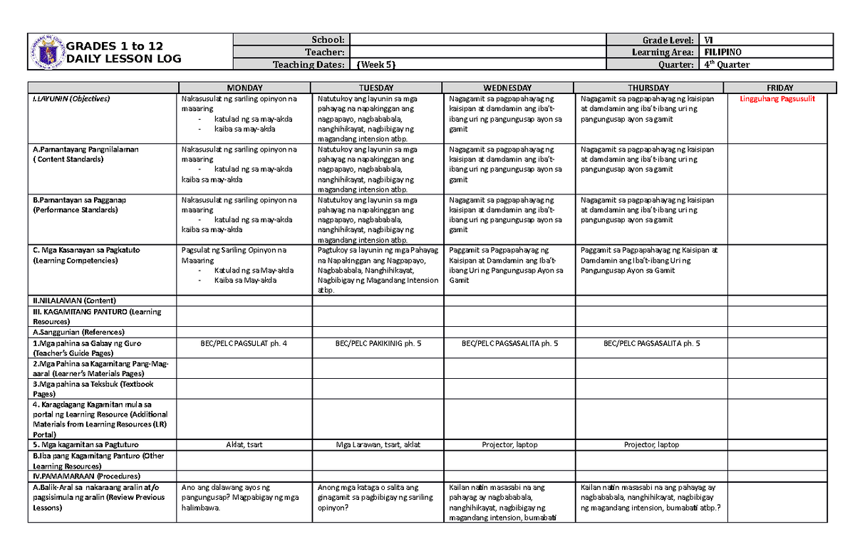 Grade 6 DLL Filipino 6 Q4 Week 5 - GRADES 1 to 12 DAILY LESSON LOG School: Grade Level: VI ...