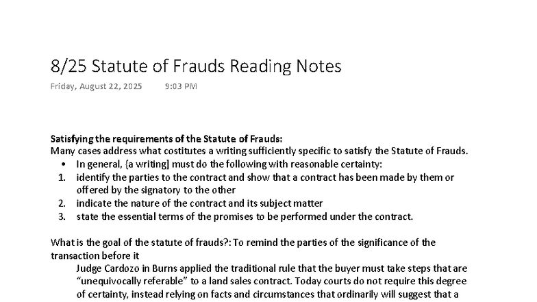 Statute of Frauds: Key Concepts and Exceptions - Reading Notes - Studocu