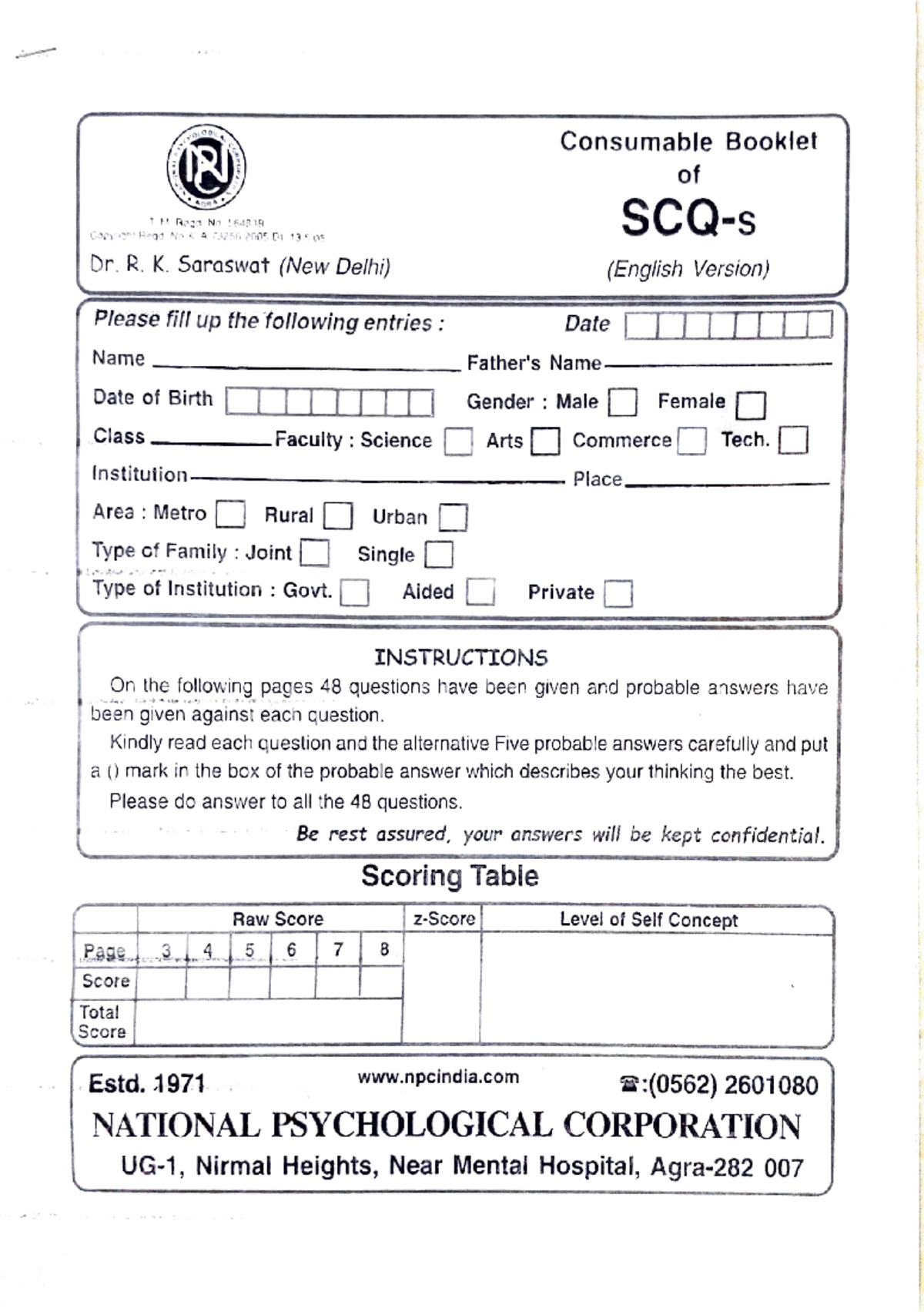 SCQ - Self Concept Questionnaire Consumable Booklet (English Version ...