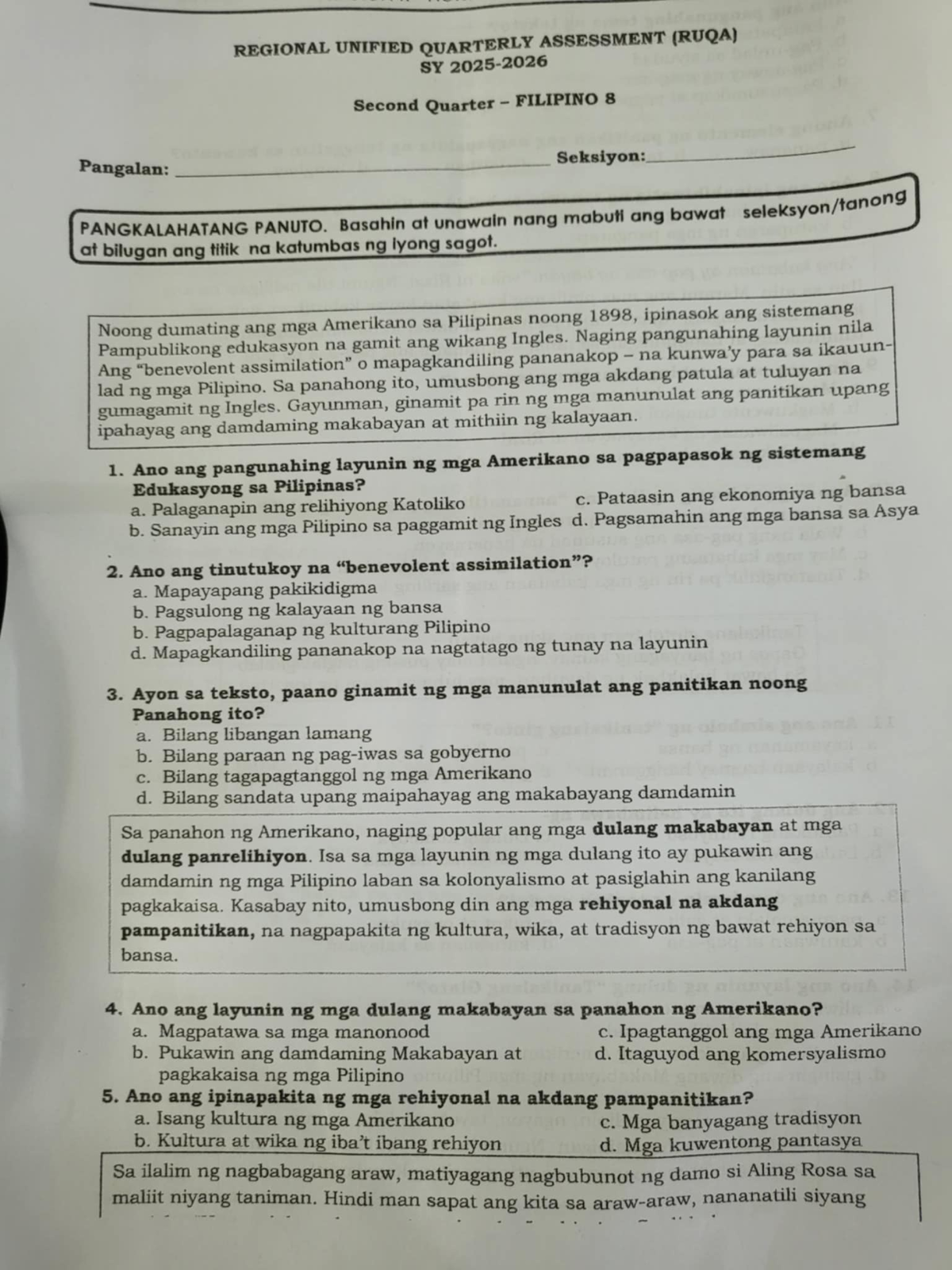 Filipino 8 RUQA 2nd Quarter Assessment: Key Concepts and Questions ...