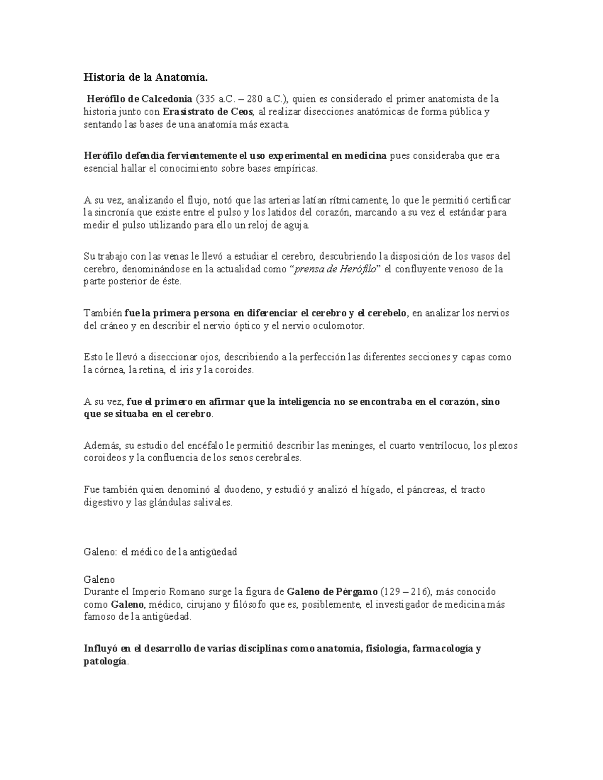 Historia de la Anatomía: Herófilo, Galeno y Vesalius en Detalle - Studocu