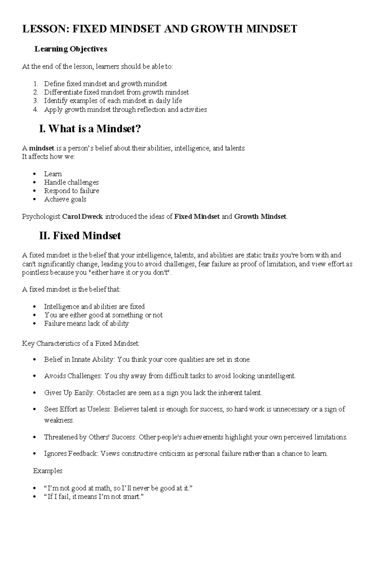 GE-ELEC - Lesson on Fixed vs Growth Mindset: Key Concepts and ...