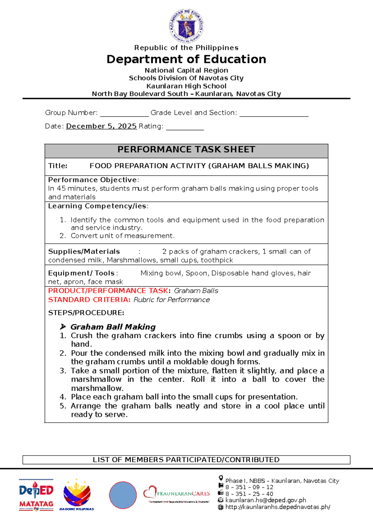 Performance Task Sheet: Food Preparation Activity (Graham Balls) - Studocu