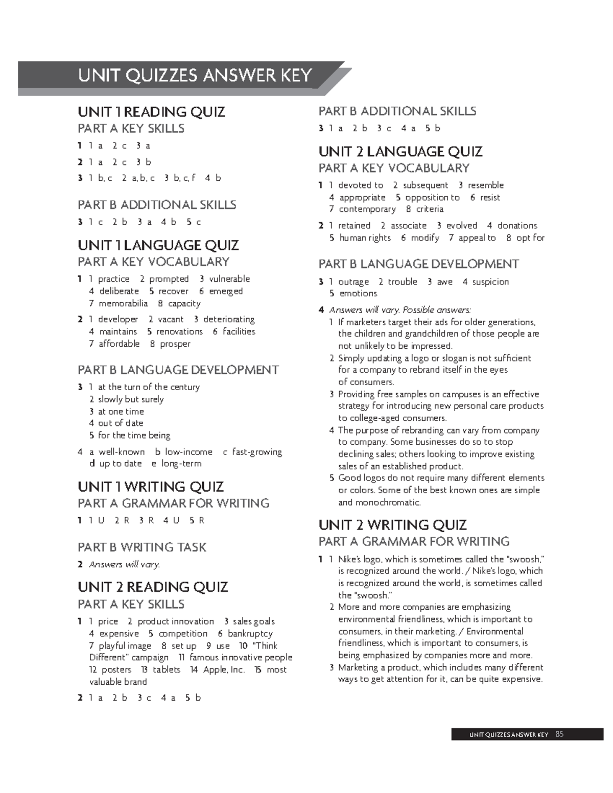 UNIT QUIZZES ANSWER KEY: READING & WRITING QUIZZES 1 & 2 - Studocu