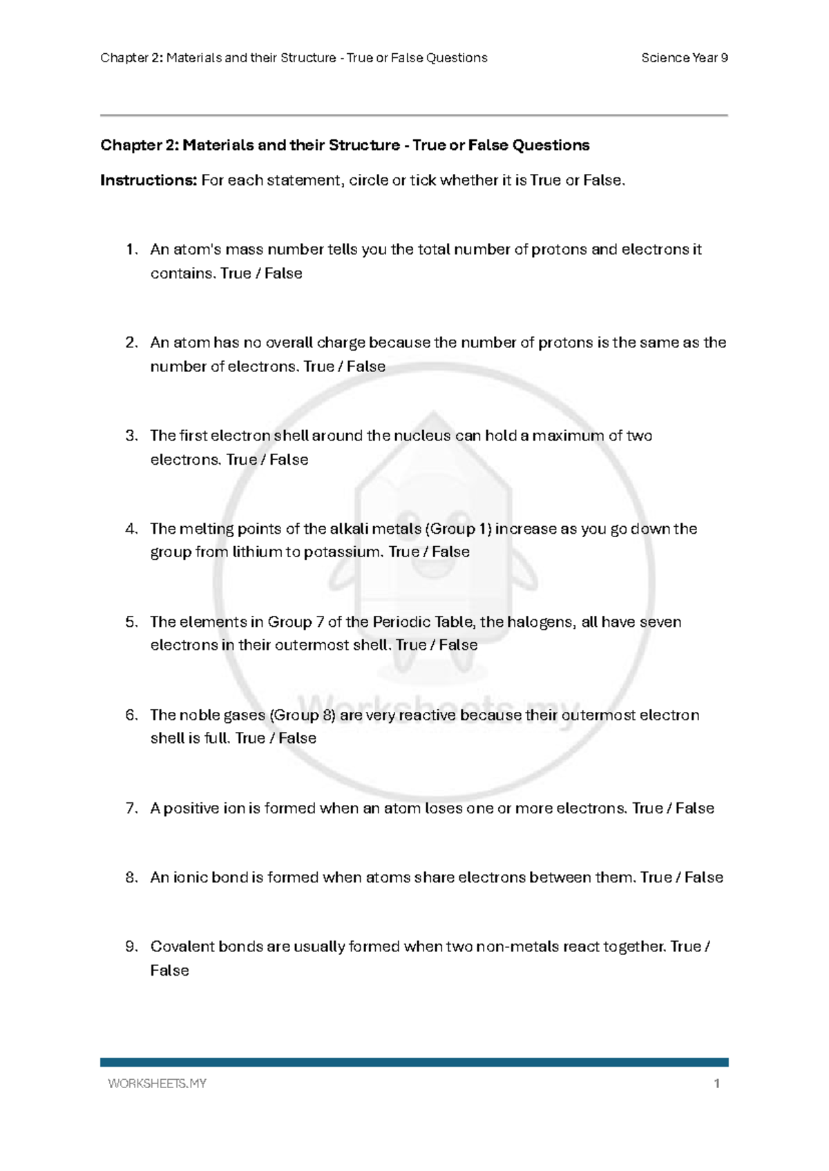 Year 9 Science Chapter 2: True or False Questions on Materials - Studocu