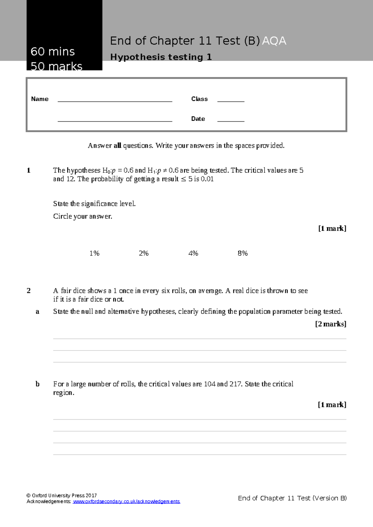 Chapter 11 Test B - Hypothesis Testing (AQA) 60 mins, 50 marks - Studocu
