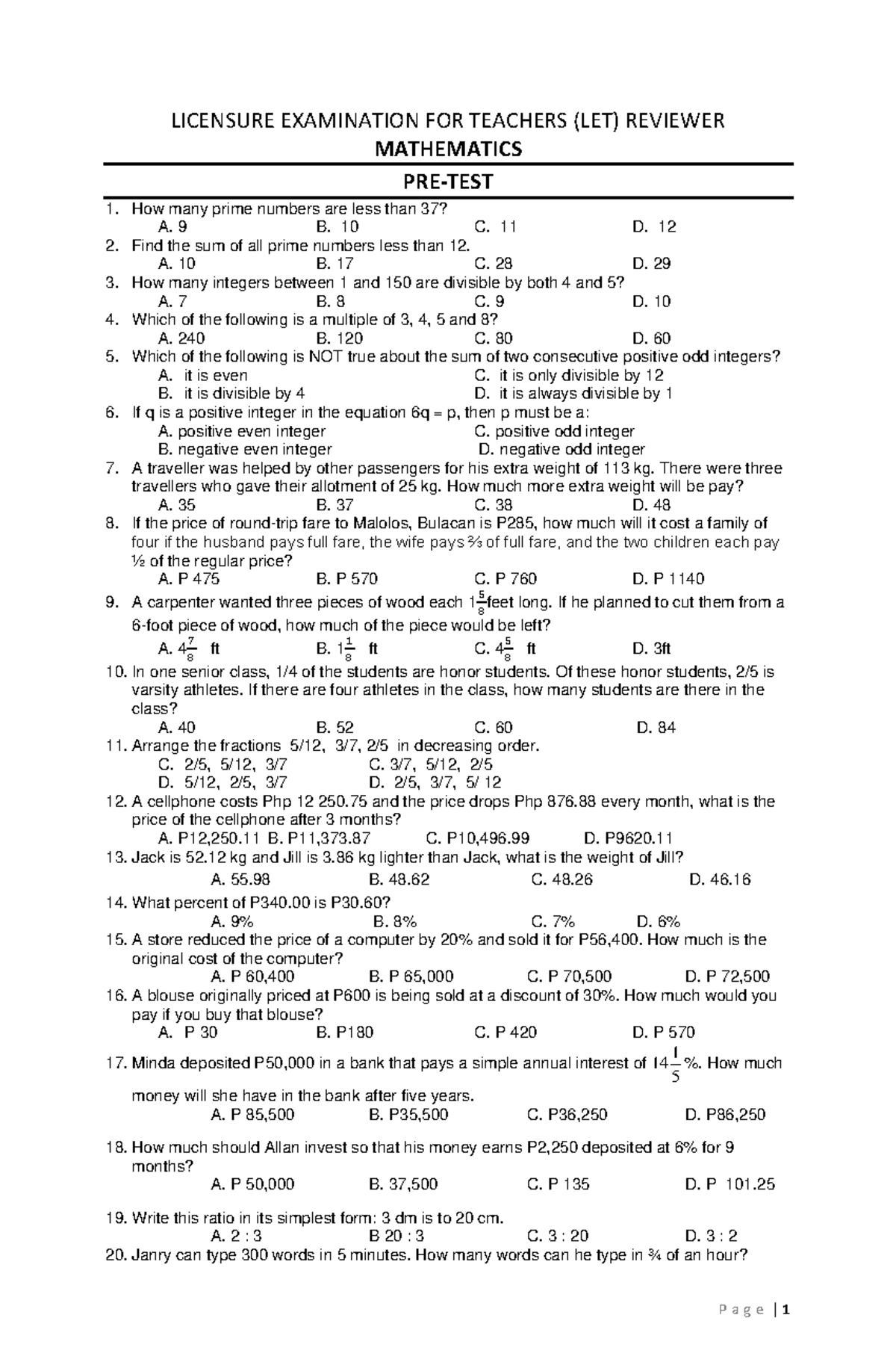 LET Math Pre-Test Reviewer: Prime Numbers, Integers, and Ratios - Studocu