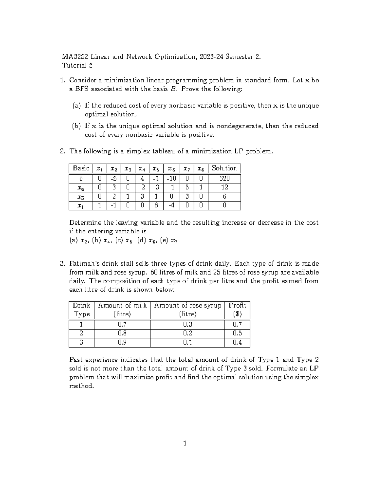 MA3252 Linear and Network Optimization: Tutorial 5 Solutions and Analysis - Studocu