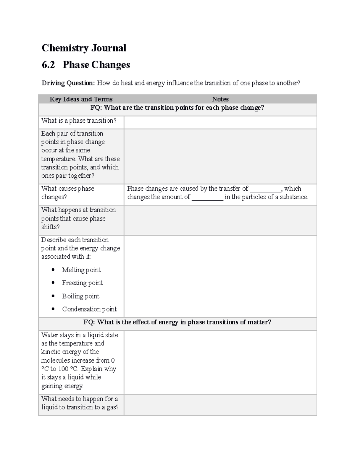 6.2 Chemistry Journal Notes: Understanding Phase Changes and Energy ...