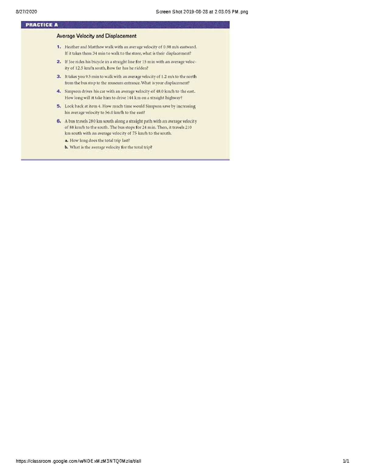Average Velocity & Displacement Practice A - Physics 101 - Studocu