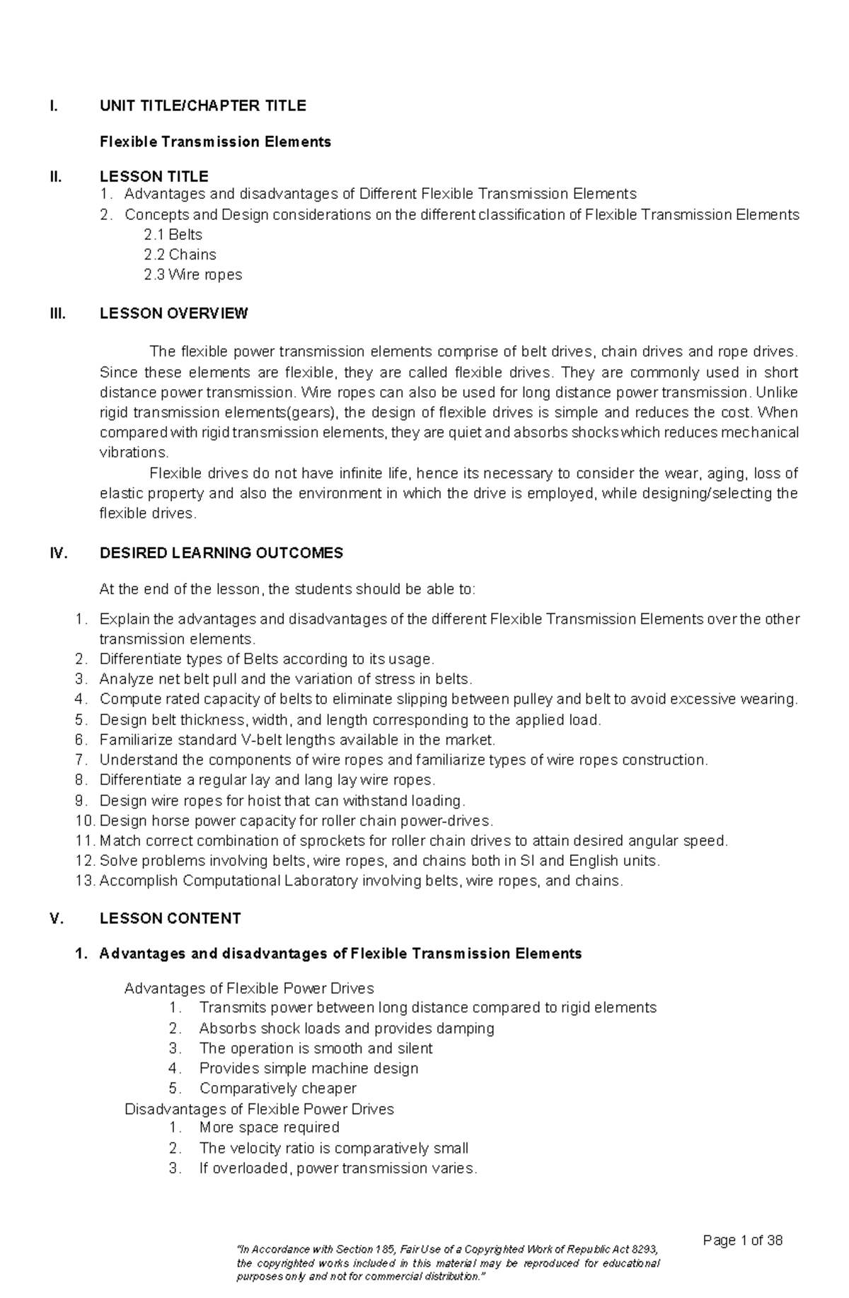 Flexible Transmission Elements - “In Accordance with Section 185, Fair Use of a Copyrighted Work ...