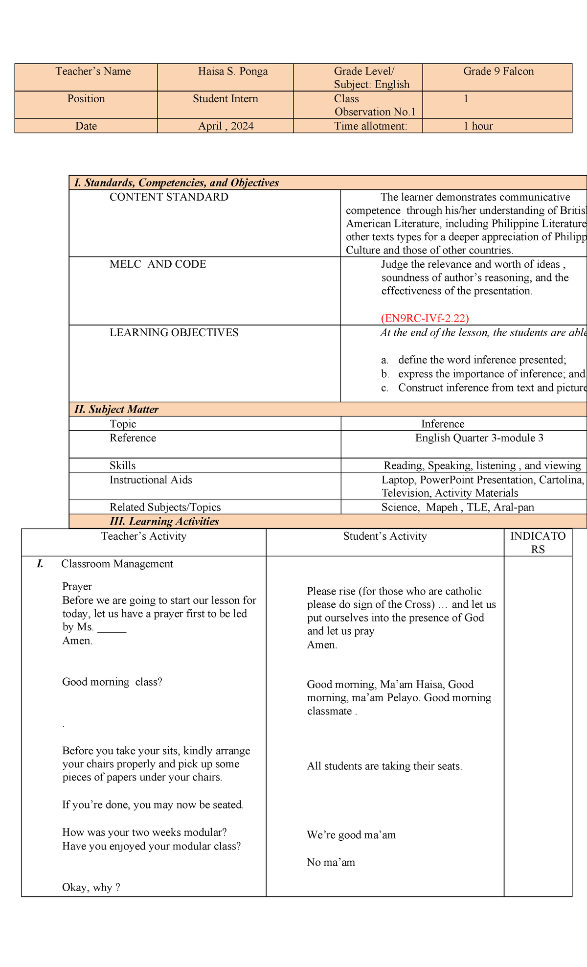 Lesson Plan Summary: Inference Strategies - Grade 9 English (EN9RC-IVf ...
