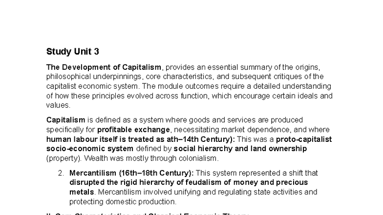 WVES 222 Study Unit 3: Overview of Capitalism's Development - Studocu