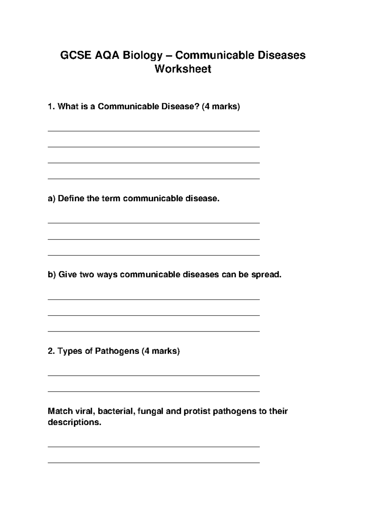 GCSE AQA Biology Communicable Diseases Worksheet Answer Key - Studocu