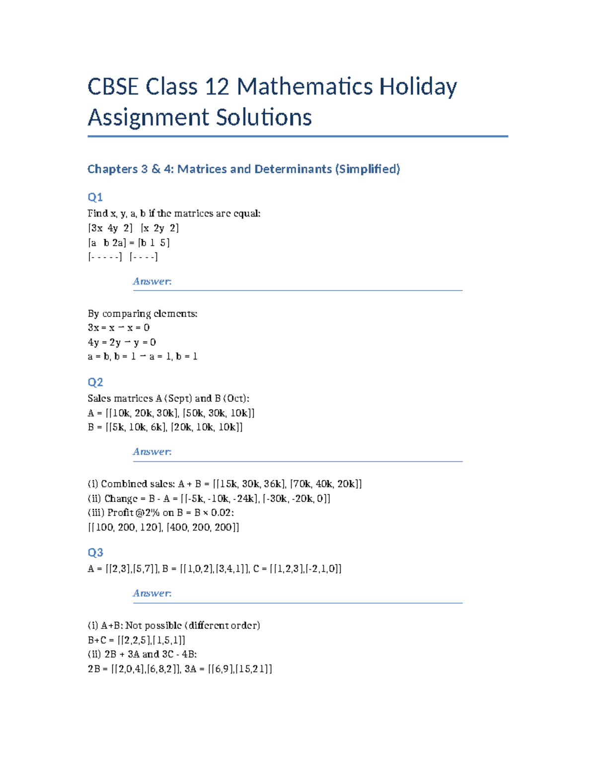 CBSE Class 12 Math Holiday Assignment Solutions: Ch 3 & 4 on Matrices - Studocu