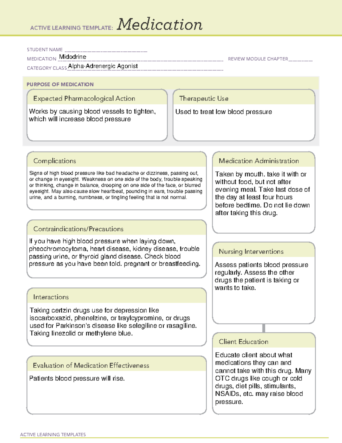 Medication Card: Active Learning Template for Midodrine (Alpha ...