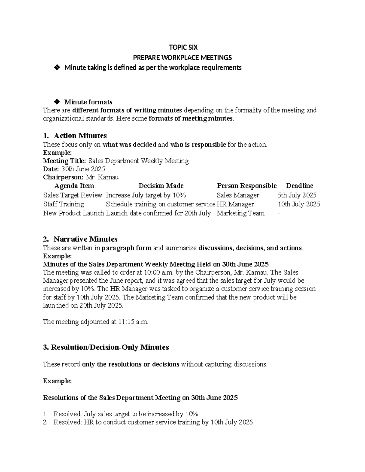 Topic 6: Preparing Effective Workplace Meeting Minutes - Studocu