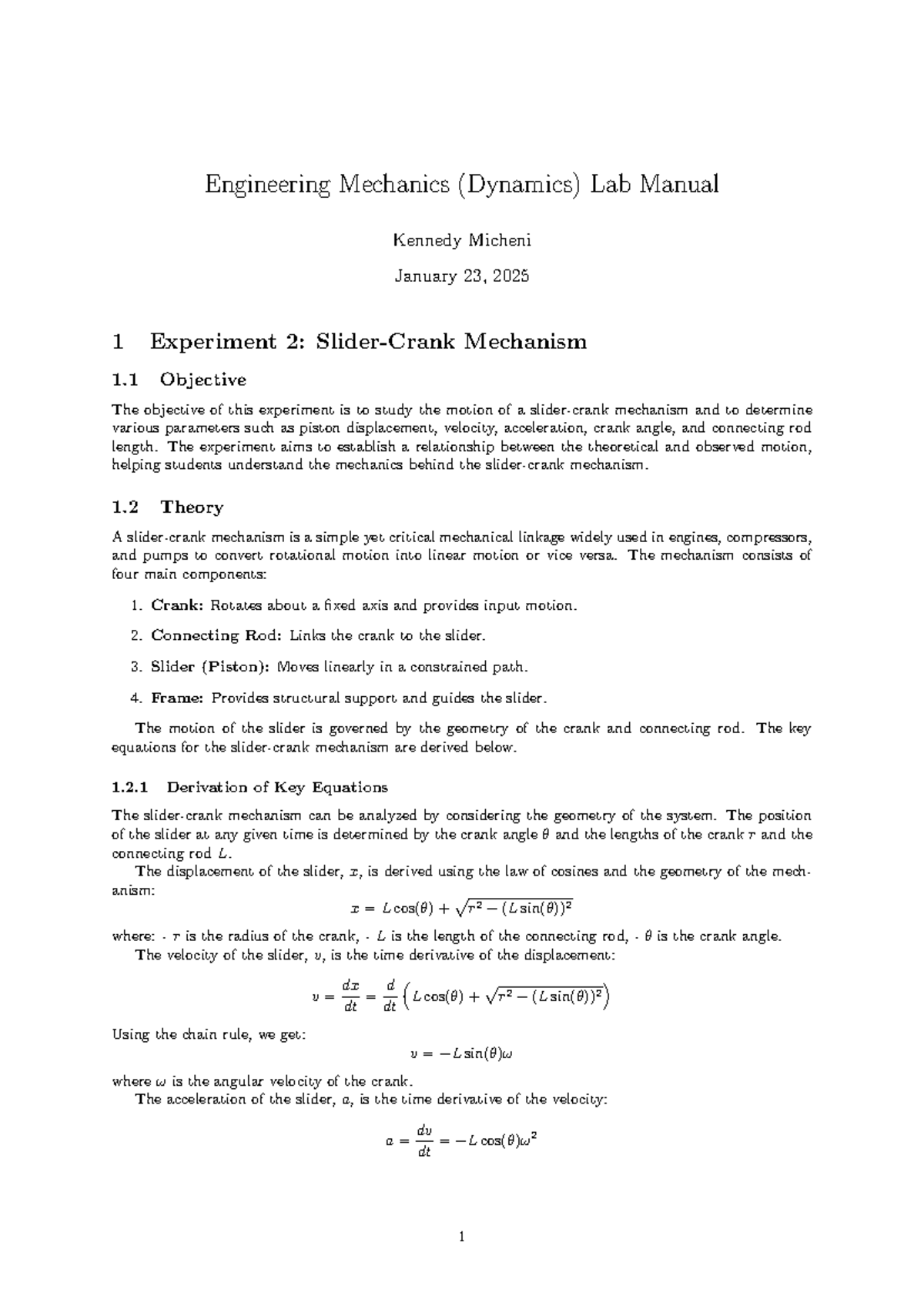Slider crank mechanism lab - Engineering Mechanics (Dynamics) Lab ...