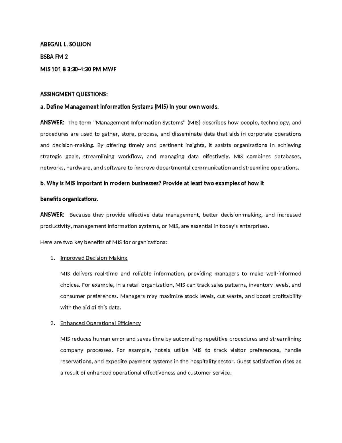 MIS-101 Assignment: Understanding Management Information Systems - Studocu