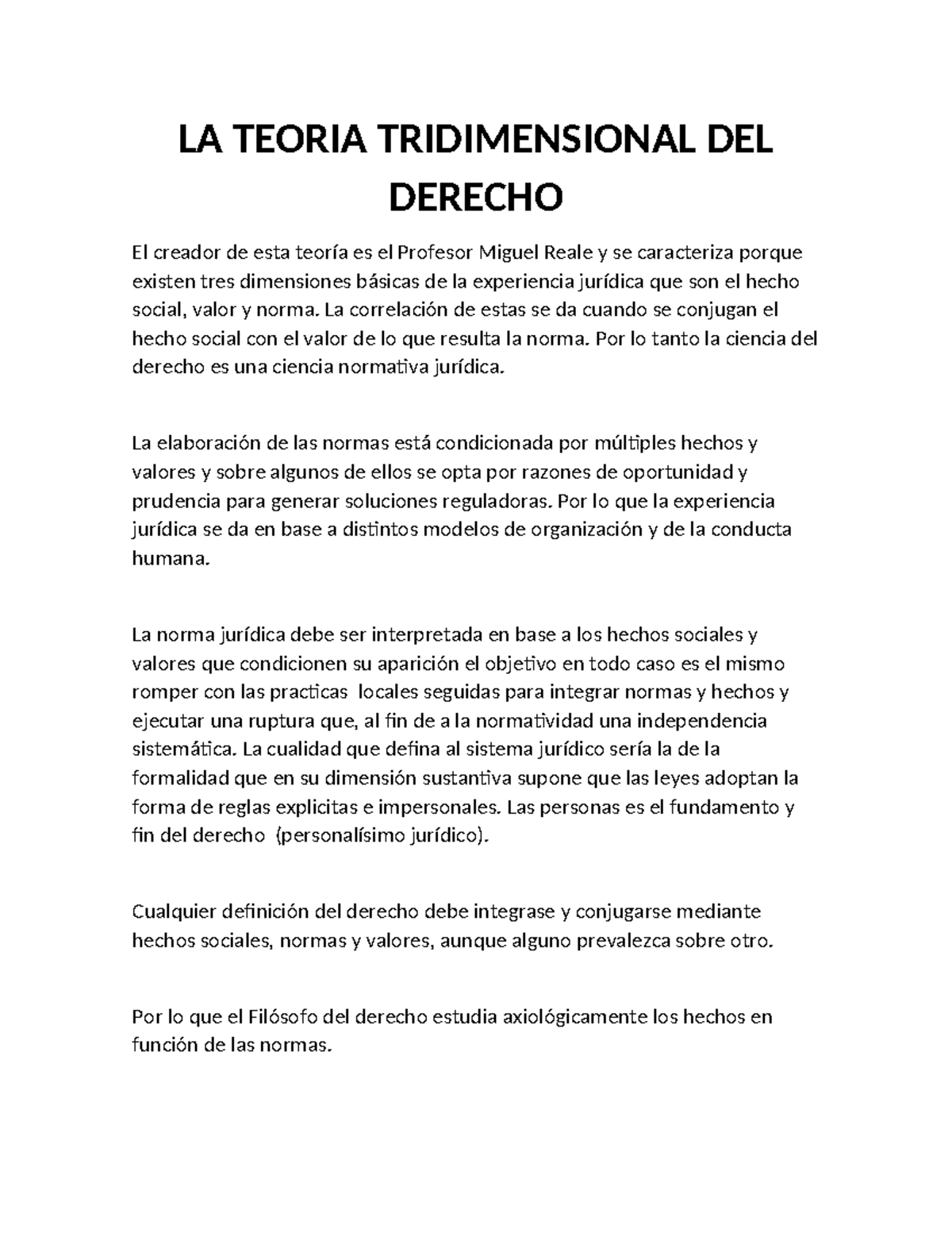 LA TEORÍA TRIDIMENSIONAL DEL DERECHO: Análisis de Miguel Reale - Studocu